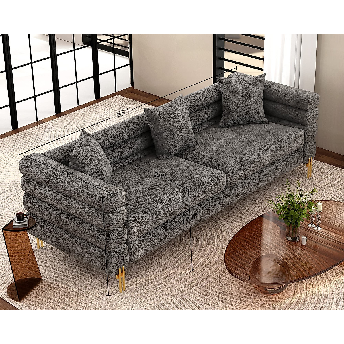Merluxy Sofa, Bouclé Sofa Couch, 3 Seater Sofa York Sofa Living Room- 85in Wide Oversized Sofa, Grey Comfy Sofa
