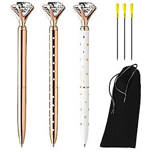 ILSTAR 3 PCS Big Diamond Pens Rose Gold – 3 Black Ink Refills, Cute Bag for Women Girls Coworker Bride, Cool Pretty Ballpoint Pen with Crystal on Top for Writing Fancy Bling Office School Supplies Set