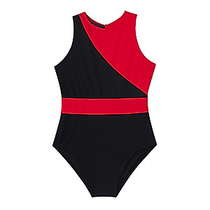 Aislor Girls' Ballet Dance Leotard Sleeveless Mesh Patchwork Criss Cross Back Unitards Gymnastic Jumpsuit Activewear Red&Black 14 Years