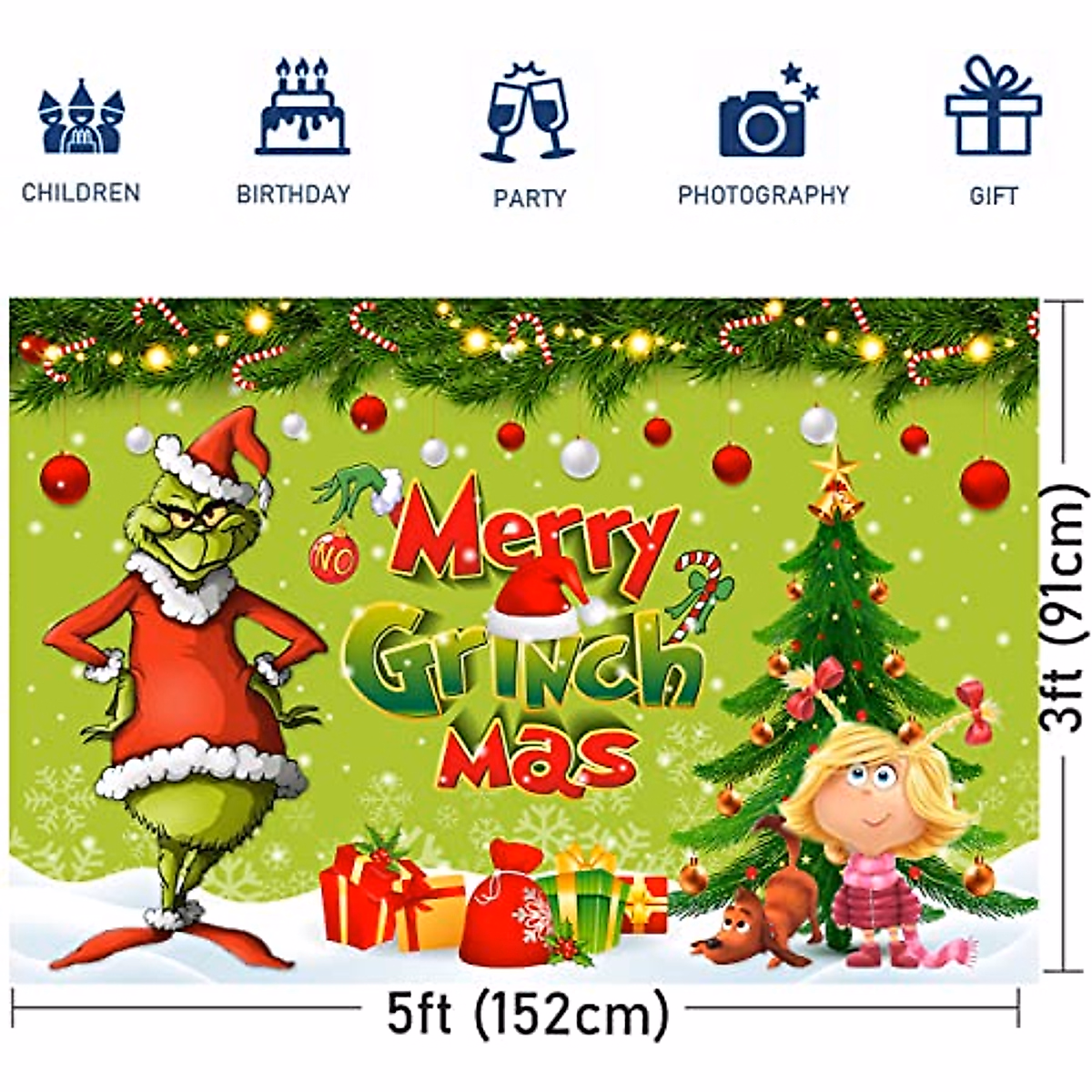 Merry Christmas Party Decorations, 5x3 Ft Christmas Backdrop for Kid Party Supplies Happy Birthday Banner Cartoon Theme Party Decorations Photography Background