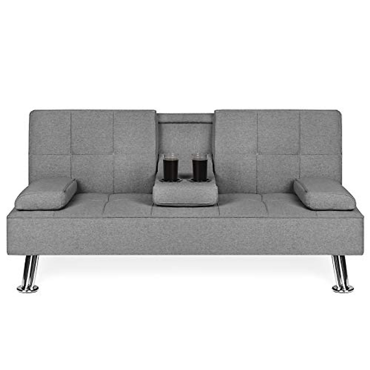 Grey Linen Upholstered Convertible Futon Sofa Bed With Cup Holder Couch Recliner Lounger Sleeper Home Living Room Bedroom Apartment Studio Modern Space Saving Furniture Décor Multifunctional Versatile