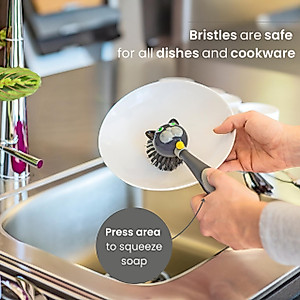 Vigar Felix Cat-Shaped Soap Dispensing Dish Brush, Dish Brush with Soap Dispenser for Pot Scrubber, Dishes, Sink, and Kitchen Essentials, Black, Gray