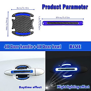 NOI 8Pcs Fashion Universal 3D Carbon Fiber Texture Car Door Handle Reflective Sticker Door Bowl Paint Scratch Protector Protective Cover Protective Film Safety Warning Function（Blue）