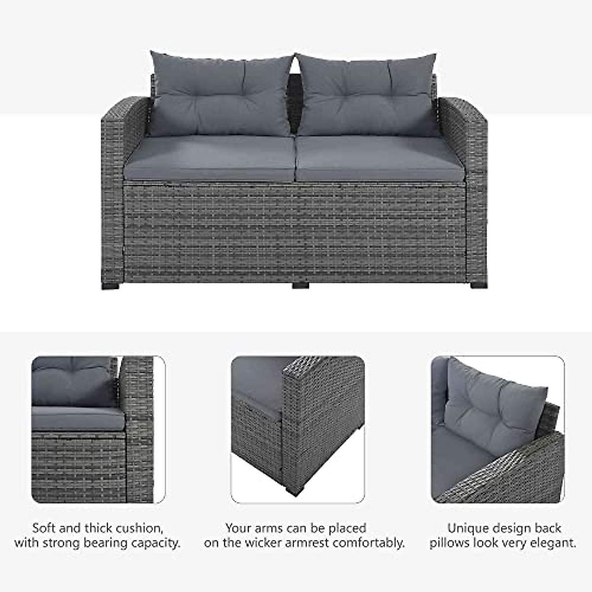 Cotoala 9-Piece Outdoor Patio Large Wicker Sofa Set, PE Rattan Conversation Sectional Couch with Ottoman and Glass Coffee Table for Garden, Backyard, Porch and Poolside, Grey