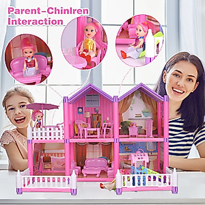 Dollhouse Toy House with Accessories and Furniture, Kids Dollhouses for Girls DIY Doll House Kits with 126 Little Pieces,Dreamhouse Gift for 3 4 5 6 Years Old Toddler Girls (5 Rooms and 1 Balcony)
