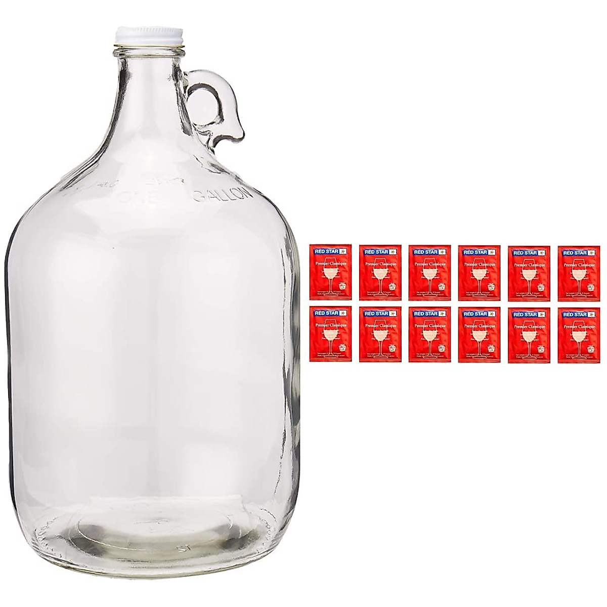 FastRack Glass Water Bottle Includes 38 mm Metal Screw Cap, 1 gallon Capacity, Clear (MN-TF9E-S1RA) & North Mountain Supply - RS-PC-12 Red Star Premier Classique Wine Yeast - Pack of 12 - Fresh Yeast