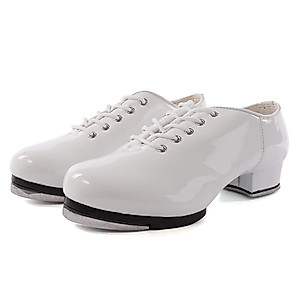 SWDZM Women's & Men's & Kid's Jazz Tap Dance Shoes Tap-Flex Patent Leather Tap Shoe,WXLDD-Tap,White,10.5 US