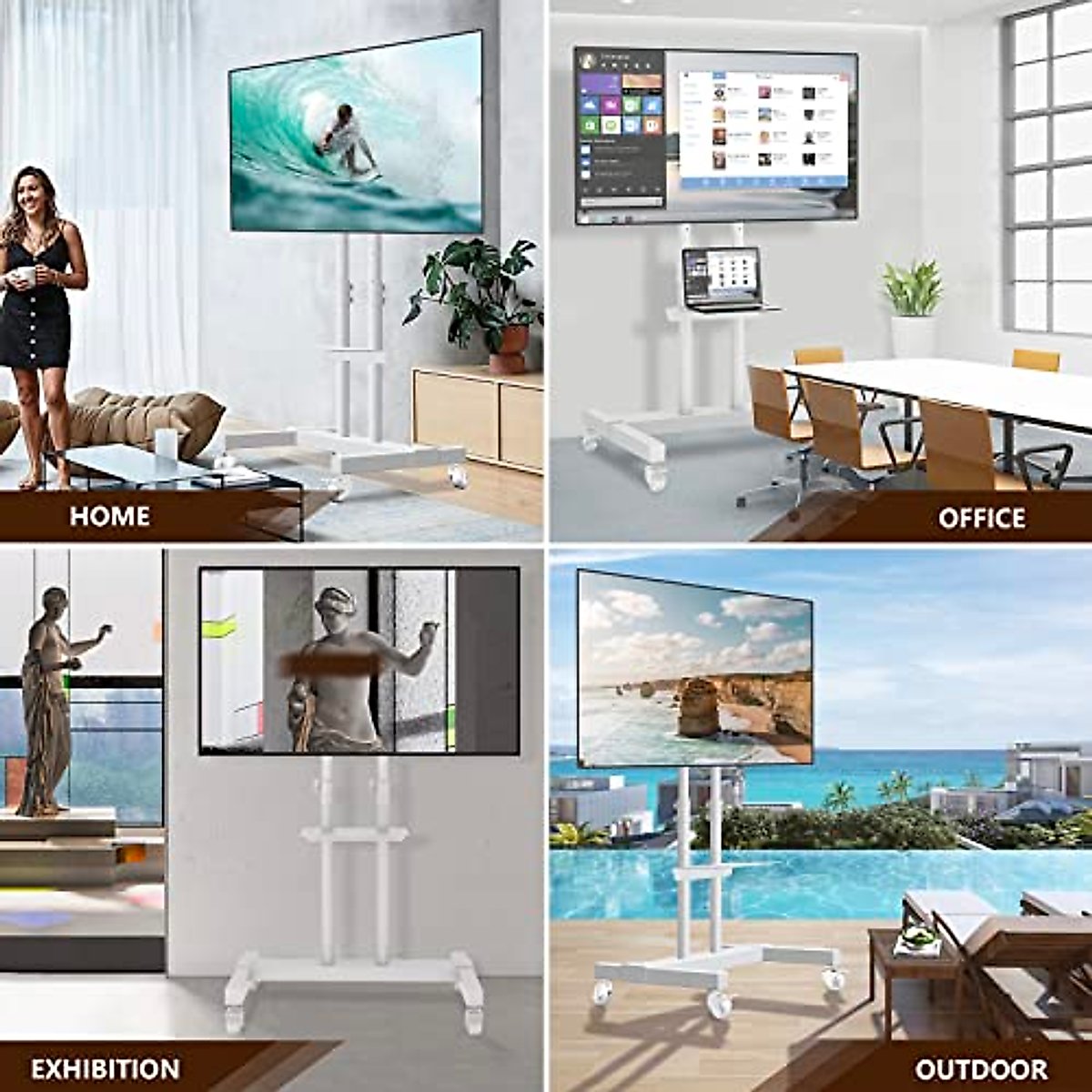 Mobile TV Stand Rolling TV Cart Floor Stand with Mount on Lockable Wheels Height Adjustable Shelf for 32-80 Inch TV Stand Flat Screen or Curved TVs Monitors Display Trolley Loading 110 lbs, White