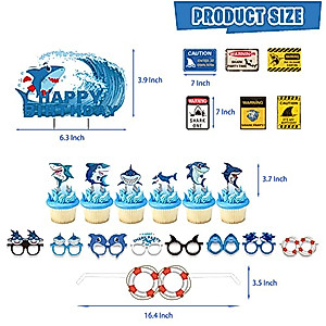Shark Birthday Party Decorations, Shark Theme Party Supplies for Boys Baby - Banner, Cake, and Cupcake Toppers, Balloons. Hanging Swirl, Shark Glasses, Shark Sign