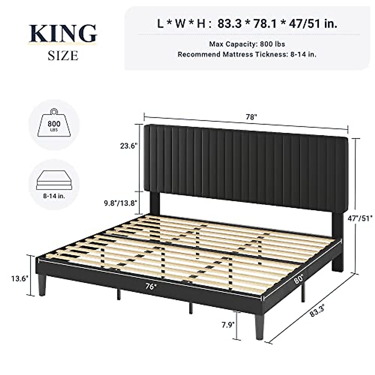Allewie King Bed Frame, Velvet Upholstered Platform Bed with Adjustable Vertical Channel Tufted Headboard, Mattress Foundation with Strong Wooden Slats, Box Spring Optional, Easy Assembly, Black