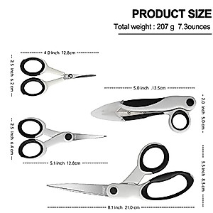 Premium Tailor Sewing Scissors Bundle, 8.1" Heavy Duty Sharp Fabric Scissors, 5.1"/4" Detail Embroidery Scissors, 5" Thread Snips with Comfort Grip (Grayish White)