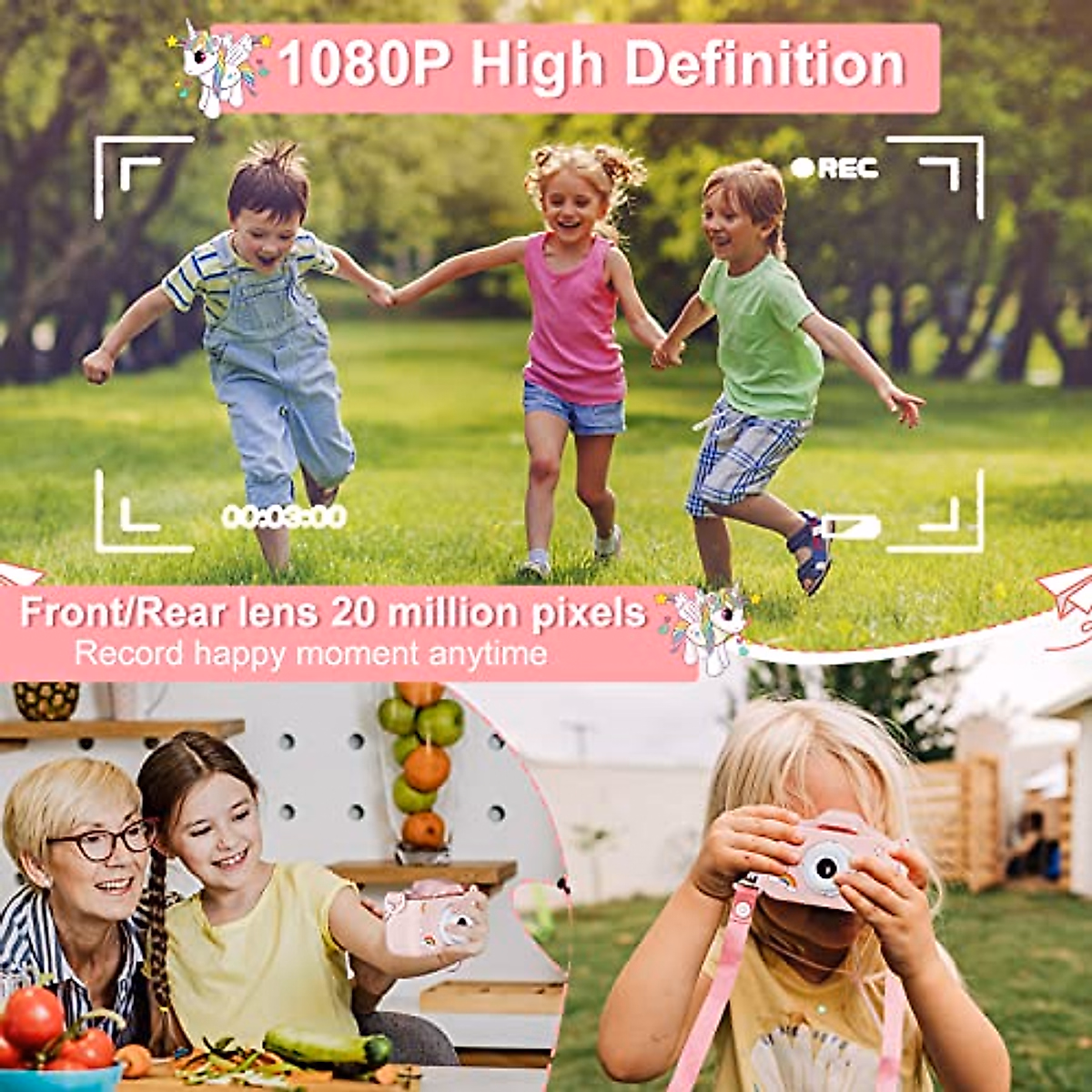 Unicorn Camera for Kids Girls, Christmas Birthday Gifts for Girls Age 3-8, HD Selfie Digital Video Camera for Toddler, Cute Toy Camera with 32GB SD Card Little Girl Toy for 4 5 6 7 8 9 Years Old