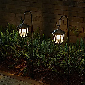 Brightown Solar Pathway Lights Outdoor Waterproof 2 Pack 38.5 Inch Shepherd Hook with Hanging Lantern Bright Driveway Markers Black Lamp Post for Garden Path Front Outside Patio Yard 3000K Warm White