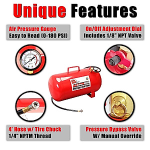 BIG RED T88007-1 Torin Horizontal Portable Air Storage Tank with 36 "Hose and Pressure Gauge, Capacity 7 Gallons, Red