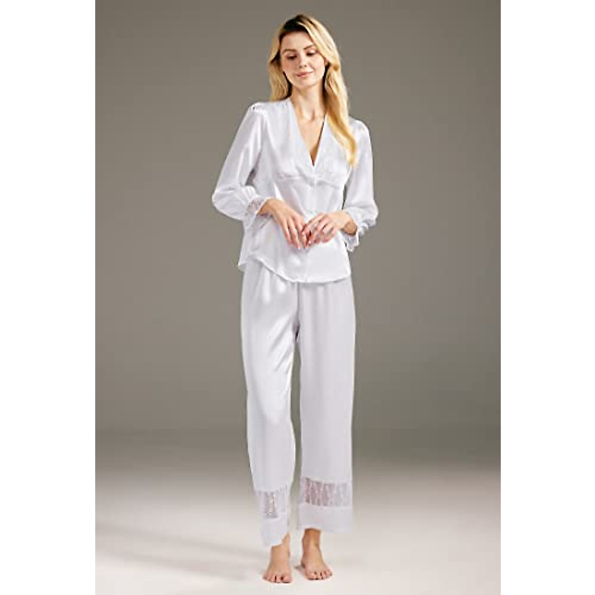 AW BRIDAL 2Pcs Comfy Womens Loungewear Set Pj Set V-Ncek Silk Pajamas For Women, Long Satin Pajamas Women, White, L| Bridal Party Pajamas Bride Gifts Bridesmaid Gifts For Wedding Day