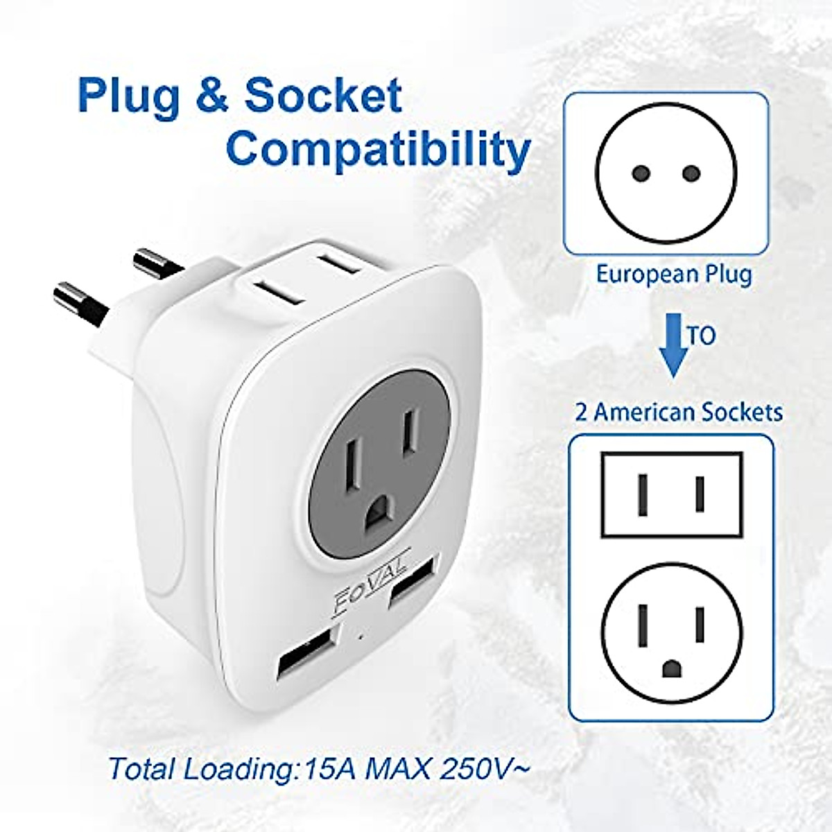 European Plug Adapter, Foval International Travel Power Adaptor with 2 USB, 4 in 1 US to Europe Travel Plug Adapter for France, Italy, Germany, Spain, Greece (Type C) (2 Pack)