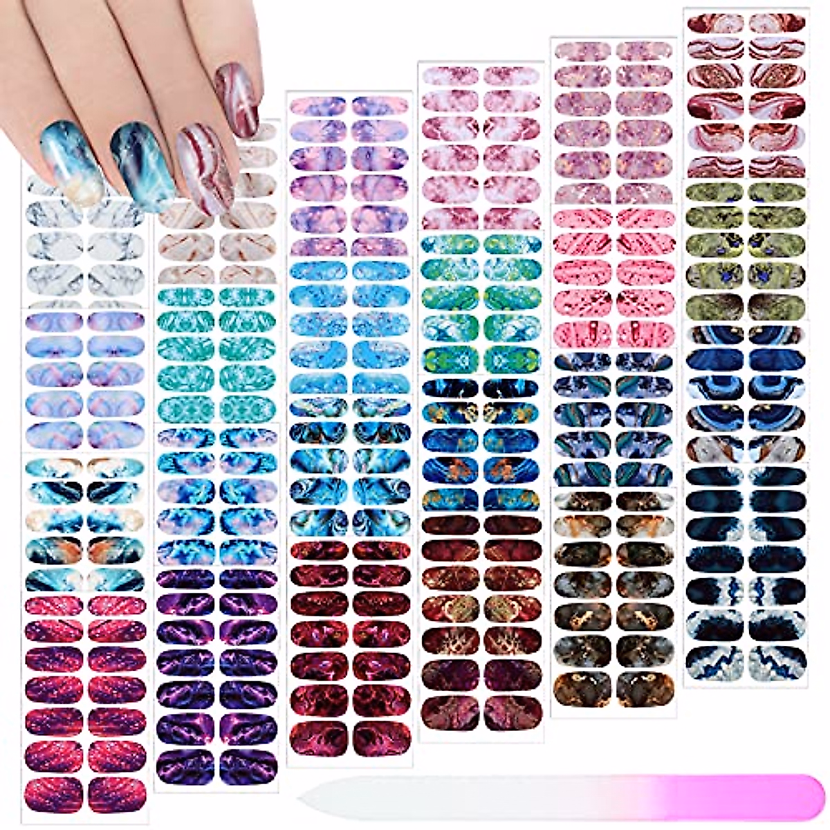 336 Pieces 24 Sheets Full Wrap Nail Polish Stickers Nail Strips Self-Adhesive Gel Nail Strips Art Decals with Nail File for Home Women Girls DIY Nail Decorations (Cool Style)
