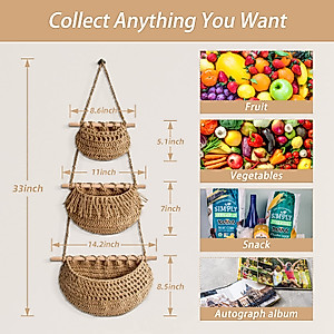 Hanging Fruit Basket, Handmade 3-Tier Jute Woven Wall Basket, BOHO Kitchen Wall Decor for Organizing, Storage Basket for Kitchen Living & Bathroom Bedroom