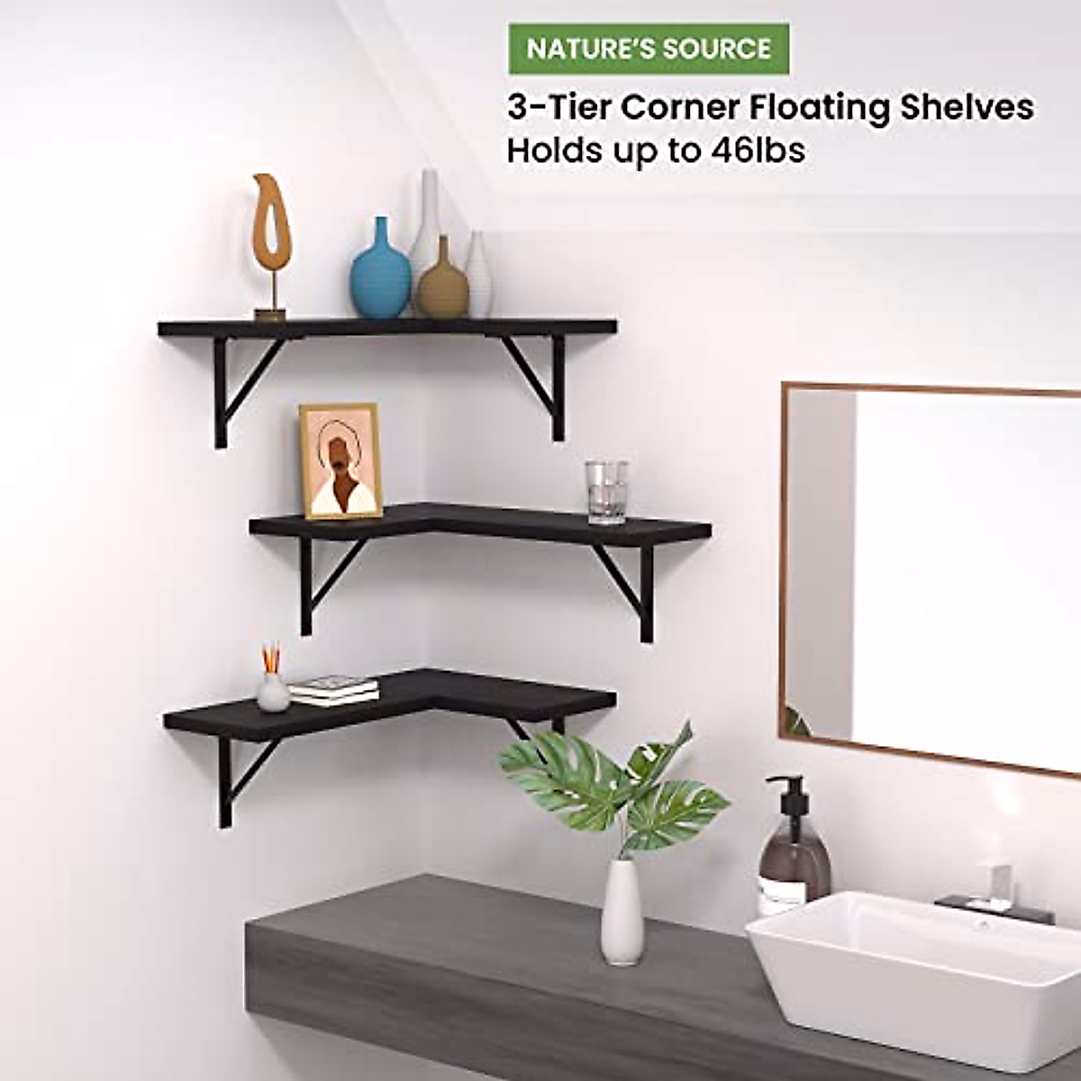 NATURE'S SOURCE Floating Corner Shelves Set of 3, Corner Shelves Wall Mounted, Floating Shelves for Bedroom Kitchen Living Room Bathroom Office- Gothic Style (Black)