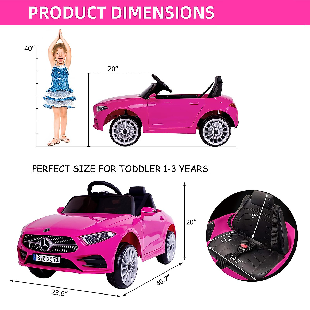 Bopilon Kids Electric Ride on Car with Remote Control, 12V Licensed Mercedes Benz Kids Car Battery Powered Electric Vehicles Toy Car, Adjustable Speed, Safety Belt, Music&LED Lights(Pink)