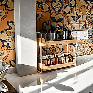 APRTAT Bamboo Bathroom Countertop Organizer, 2 Tier Bathroom Tray, Countertop Storage Shelf, Standing Rack Cosmetic Holder, Spice Rack for Makeup Cosmetic Perfume Skincare Bathroom Supplies and More