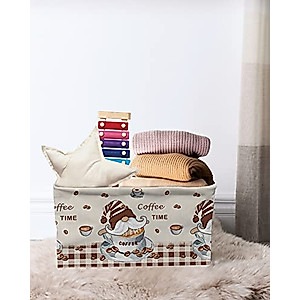 Coffee Time Storage Bins 2 Pack, Large Waterproof Storage Baskets for Shelves Closet, Gnomes Coffee Beans Brown Plaid Burlap Storage Basket Foldable Storage Box Cube Storage Organizer with Handles