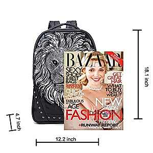 3D Animal Head Backpack, Studded PU Leather Cool Laptop Backpack College Bookbag (Lion-Gold) One Size