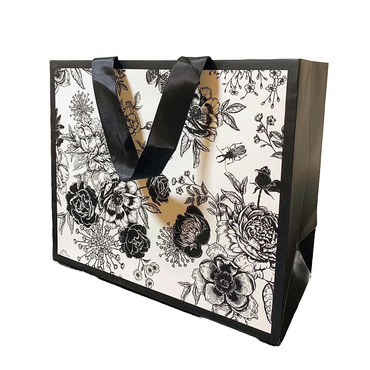 13" Black and White Vintage Floral Gift Bag, Medium Large