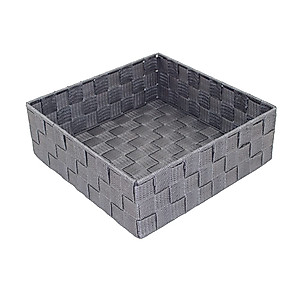 HDKJ Ribbon Woven Baskets for Storage, Small Hand-Woven Storage Basket with Durable Metal Frame, Woven Strap Bins for Organizing, Set of 4. (Gray)