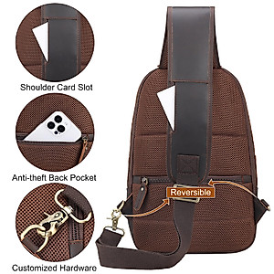 TIDING Men's Vintage Leather Crossbody Sling Bag Outdoor Travel Chest Bag Shoulder Daypack Fits 12.9" iPad