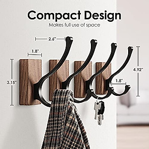 ACMETOP Coat Hooks Wall Mounted, Walnut Wood Wall Hooks for Hanging, 4 Pack Heavy Duty Double Towel Hat Hooks Rack, Rustic Decorative Hooks for Hanging Coats, Towels, Keys, Bags, Robes