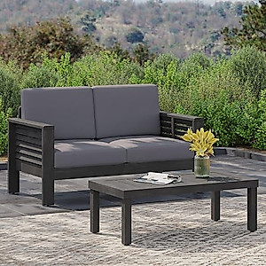 Merax Outdoor Acacia Wood Loveseat and Coffee Table Patio Conversation Set with Cushions