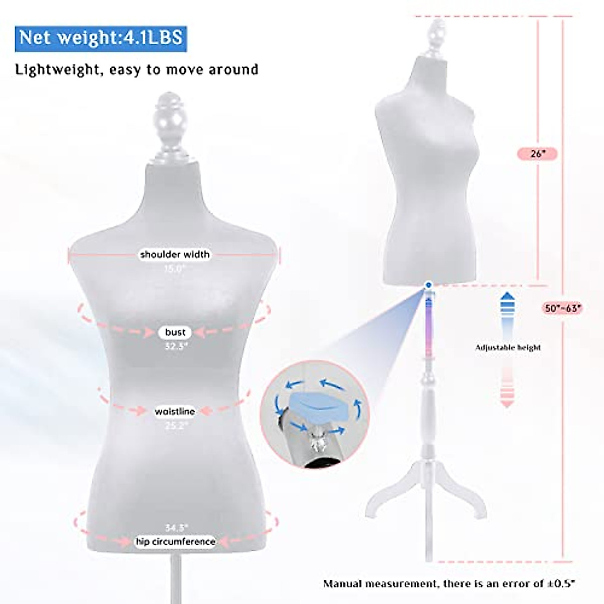 Dress Form Mannequin Torso with Wooden Tripod Stand, 50-63 inch, Adjustable Height for Clothing Display, Sewing, Photographing, Portable Female Body Shape,White