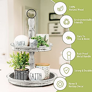 Farmhouse Tiered Tray 2 Tier Tray with Metal Handle, Wooden Tray Tiered Serving Tray for Cake, Fruit, Dessert, White Tray Decorative Tray for Living Room Kitchen Coffee Table Dining Table Centerpiece
