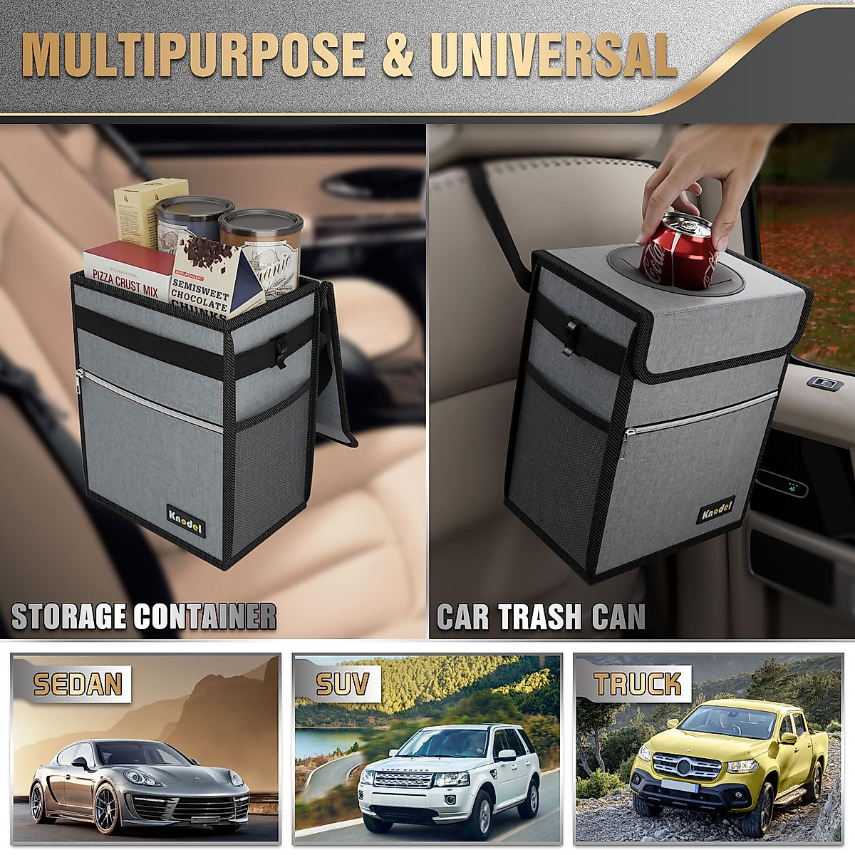 K KNODEL Car Trash Can with Lid, Leak-Proof Car Garbage Can with Storage Pockets, Waterproof Auto Garbage Bag Hanging for Headrest (Small, Gray)