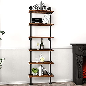 HOMEKAYT Industrial Pipe Shelf Rustic Wood Wall Shelf Ladder Bookshelf Wall Mounted Storage Decor Shelf for Home, Office, Living Room(6-Tier)-Black