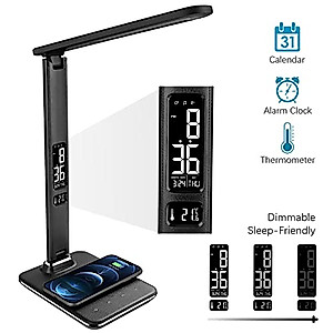 Yeslights Desk Lamp Pro Series, LED Desk Lamp with USB Charging Port and Wireless Charger, Desk Lamps for Home Office, Table Lamp with Clock, Alarm, Date, Temperature - Black