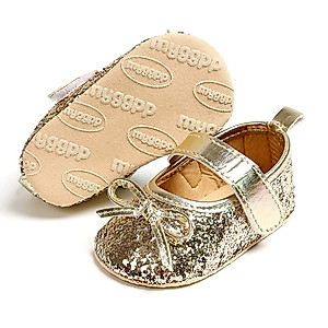 SOFMUO Baby Girls Mary Jane Flats Soft Sole Infant Moccasins Floral Sparkly Toddler Princess Wedding Party Holiday Dress Shoes (Gold,12-18 Months)