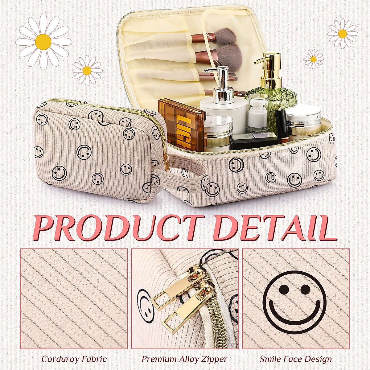 Sanwuta 2 Pcs Corduroy Cosmetic Bag Set Travel Toiletry Bag Smile Face Makeup Pouch Portable Cosmetic Pouch Smile Dots Bags Multifunction Organizer Washable Skincare Bag for Women, 2 sizes