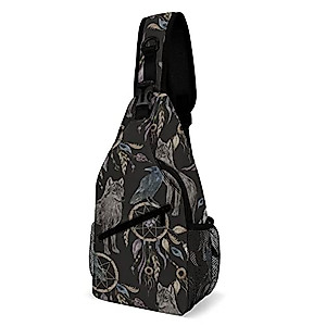 NAWFIVE Sling Bag Watercolor Raven Wolf Crossbody Backpack with Anti Theft Boho Style Adjustable Shoulder Bag for Travel,Hiking,Cycling,Camping