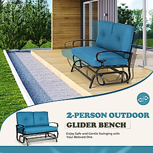 Patiomore Outdoor Bench Patio Swing Glider Loveseat 2 Seats Rocking Chair, Wrought Iron Chair Set with Blue Cushion