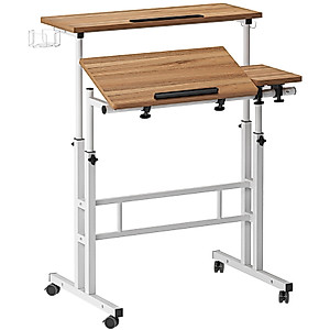 soges Rolling Standing Desk, Height Adjustable Home Office Desk, Mobile Sit-Stand Laptop Desk with Cup Holder and Hook, Portable Desk with Wheels, Oak