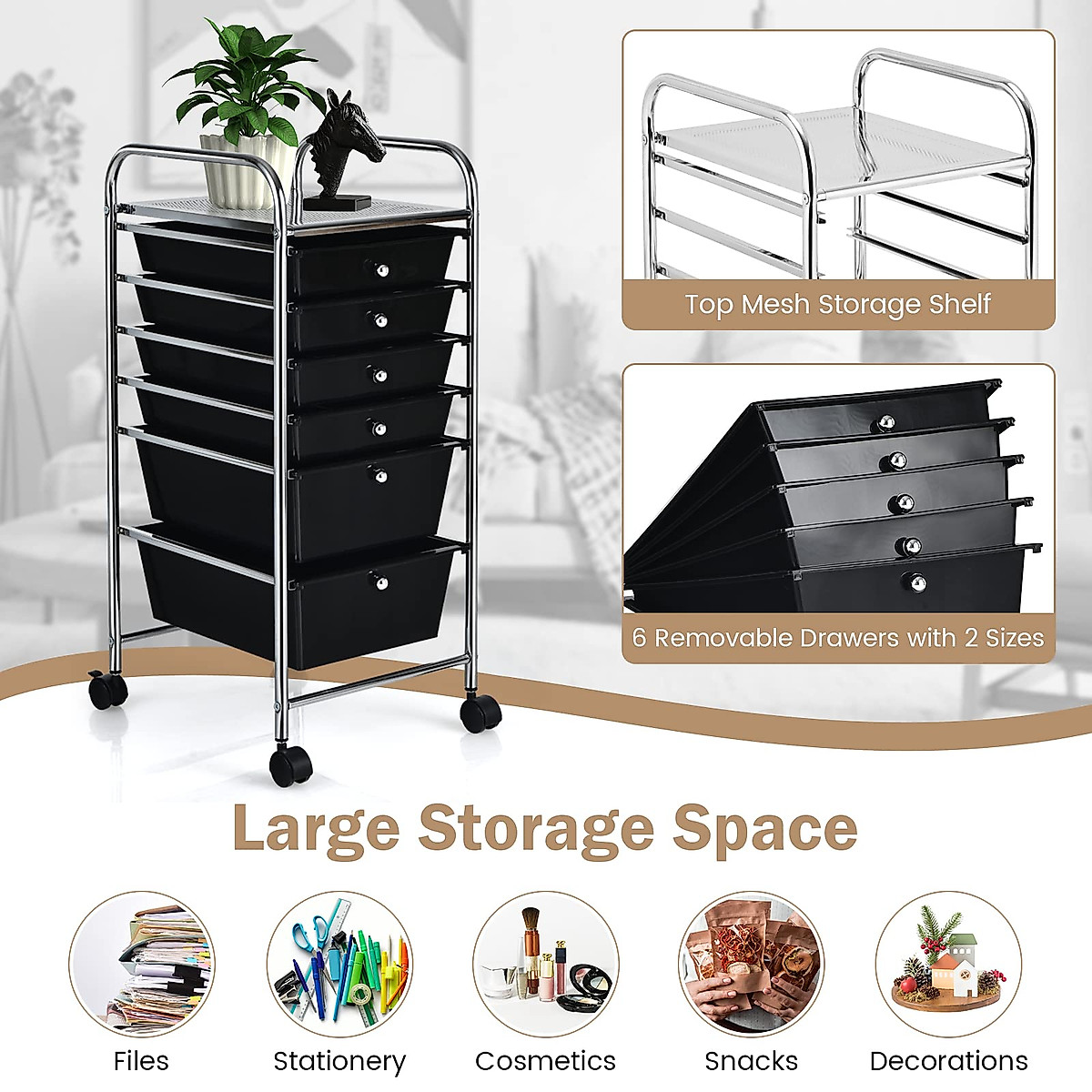 SILKYDRY 6-Drawer Rolling Storage Cart, Multipurpose Utility Drawers Cart with Wheels, Removable Drawers for Craft Scrapbook Tool Paper, Art Organizers and Storage for Home Office School (Black)