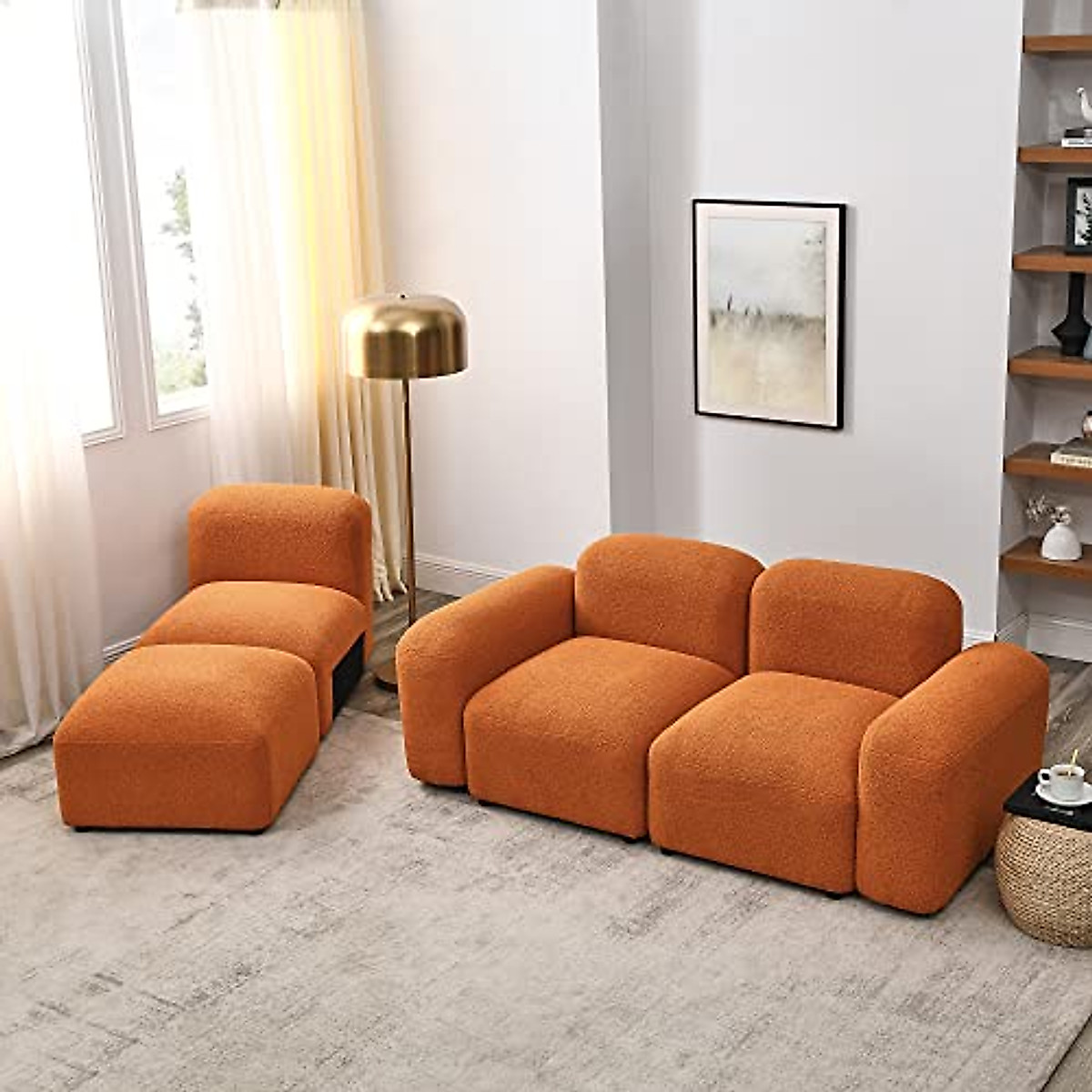 JIVOIT Modern Modular Sectional Sofa Set, DIY Combination L-Shape Upholstered Chaise Lounge Couch, Teddy Fabric 4-Seat Sofa for Living Room Bedroom Apartment Offic (Orange-DIY Combination)