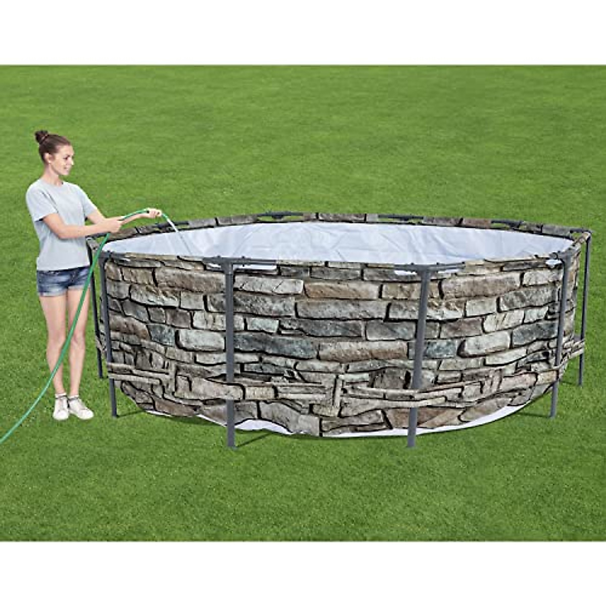 Bestway 56817E 12' x 30" Steel Pro Max Round Steel Frame 5-Person 1,710 Gallon Above Ground Swimming Pool Kit with Filter Pump and Filter, Stone Print
