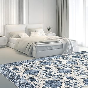 Oriental Accent Vintage Blue Floral Porcelain Area Rug - Faux Wool Floral Print Rug, Retro Accent Washable Low Pile Rug, Foldable Non-Slip Non-Shedding Carpet, Decor Gift
