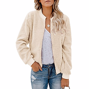 Eurivicy Women Fleece Jacket Winter Bomber Long Sleeve Faux Sherpa Fuzzy Casual Zip Up Coat Pocket