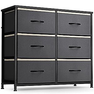 FEZIBO Dresser Organizer, Chest of Drawers-Dresser for Bedroom, Hallway, Entryway, Closets, Furniture Storage Tower-Steel Frame, Wood Top, 6 Drawers Organizer Units-Black Grey White Edge