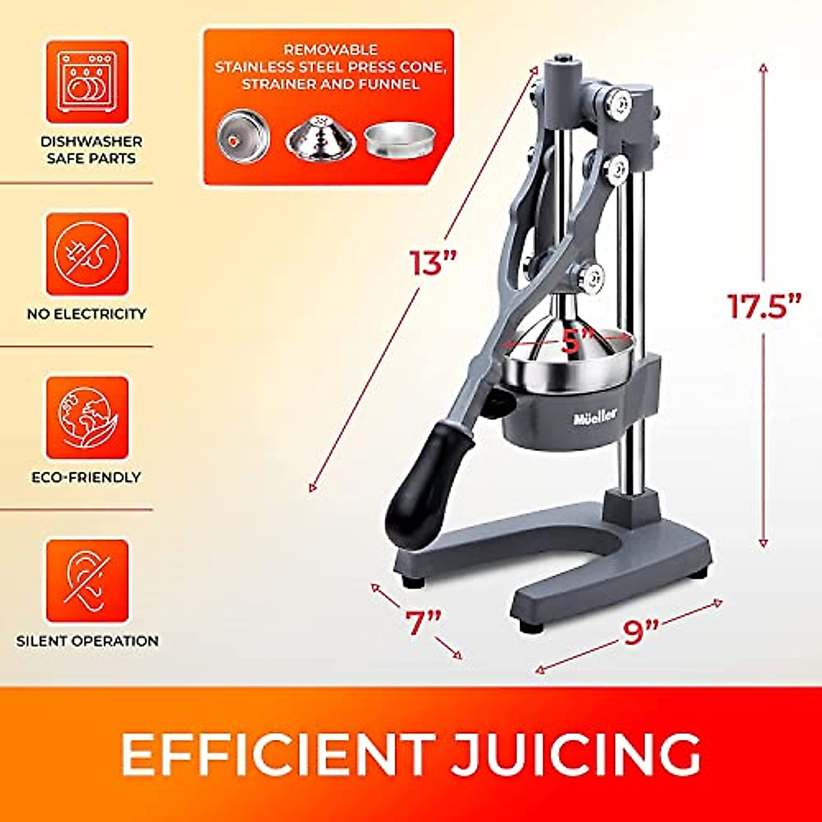 Mueller Citrus Juicer - Professional Manual Juice Press and Orange Juicer - Premium Quality Heavy Duty Grapefruit Juicer and Lemon Squeezer - Metal Orange Juice Squeezer - Light Gray