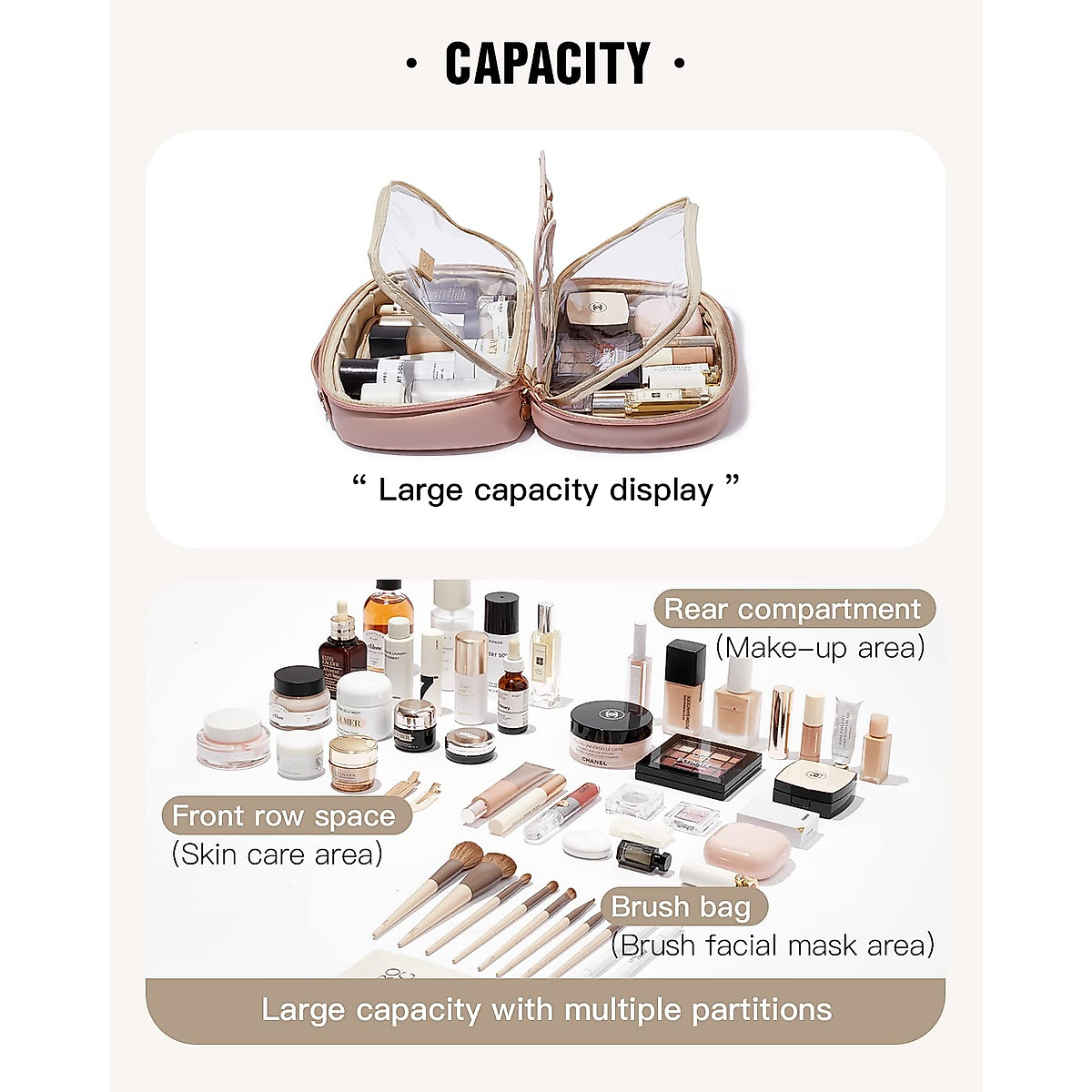 EACHY Travel Makeup Bag, Waterproof Cosmetic Bags for Women, Large Capacity PU Leather Make Up Organizer with Portable and Stylish (Pink)